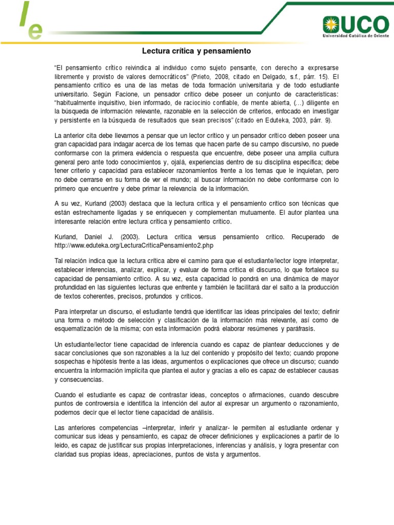 Lectura Critica y Pensamiento | PDF | Pensamiento | Pensamiento crítico