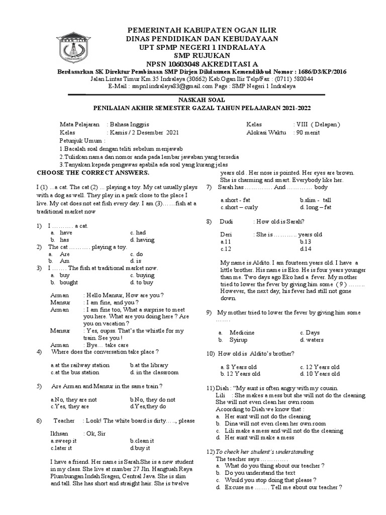 Soal Penilaian Akhir Semester Bahasa Inggris | PDF | Organisms