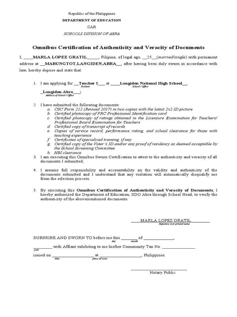 Omnibus Certification of Authenticity and Veracity of Documents v2 ...
