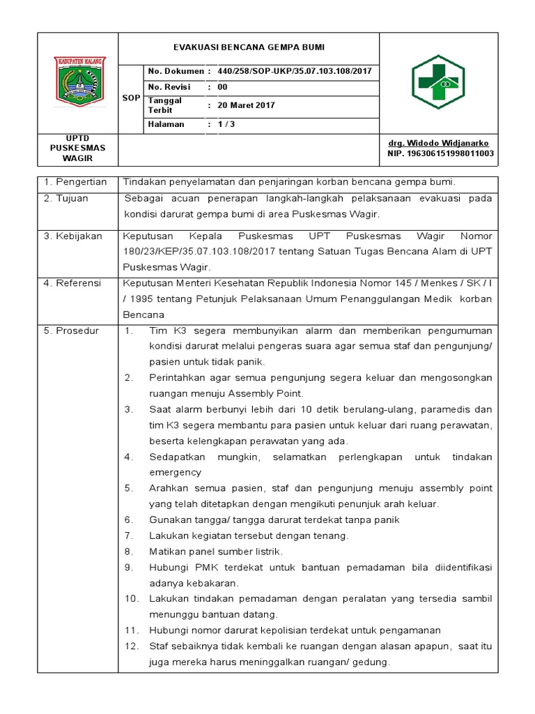 Sop Evakuasi Bencana Gempa Bumi. | PDF