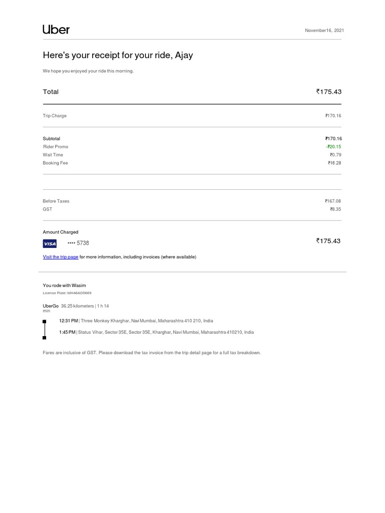 Receipt for your Uber ride from Three Monkey Kharghar to Status Vihar ...