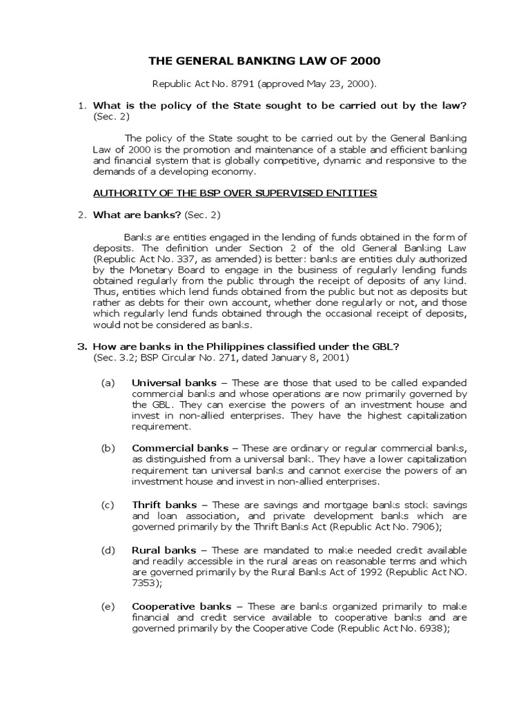 General Banking Law of 2000 Overview | PDF | Banks | Trust Law