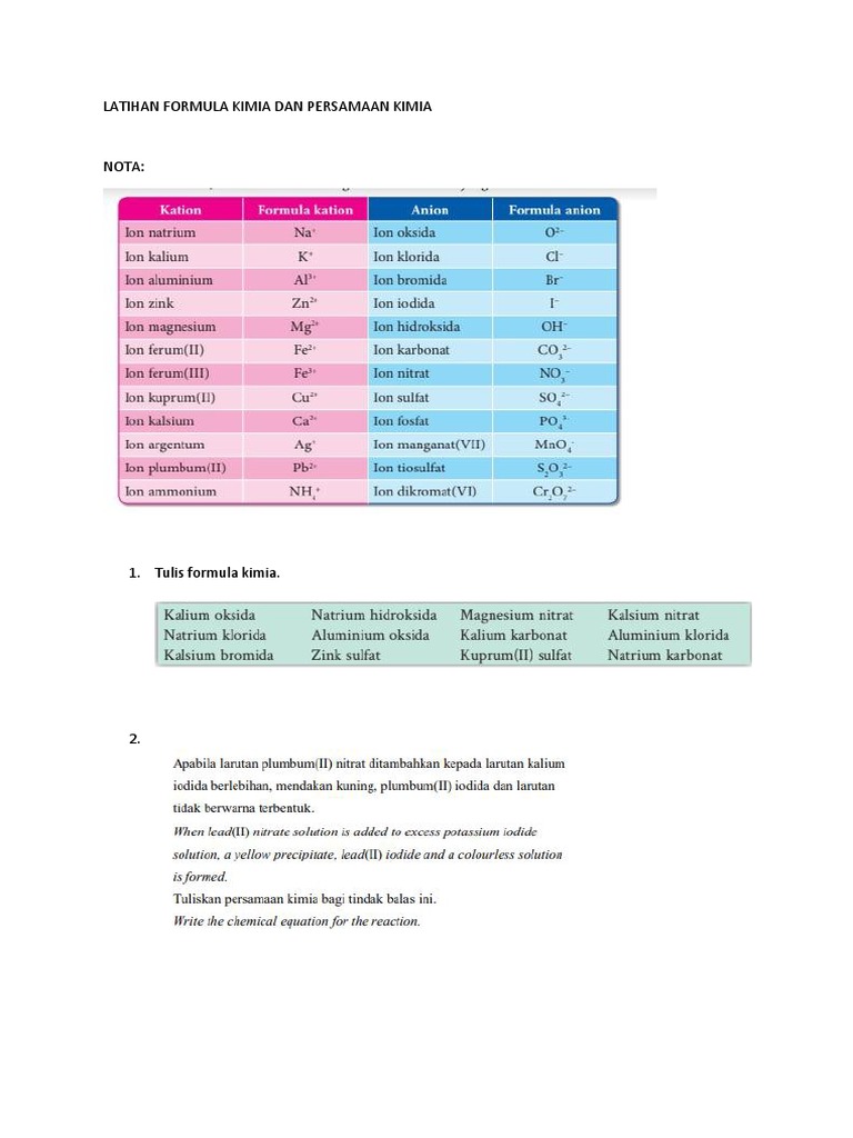 Latihan Formula Kimia Dan Persamaan Kimia | PDF