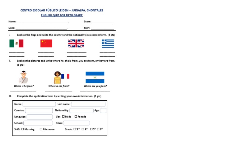 ENGLISH QUIZ FOR 5TH GRADE UNIT 6 COUNTRIES AND NATIONALITIES PDF