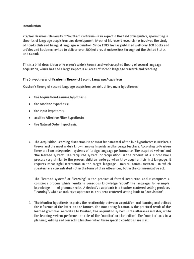 Krashen's Theories of SLA | PDF | Second Language Acquisition ...