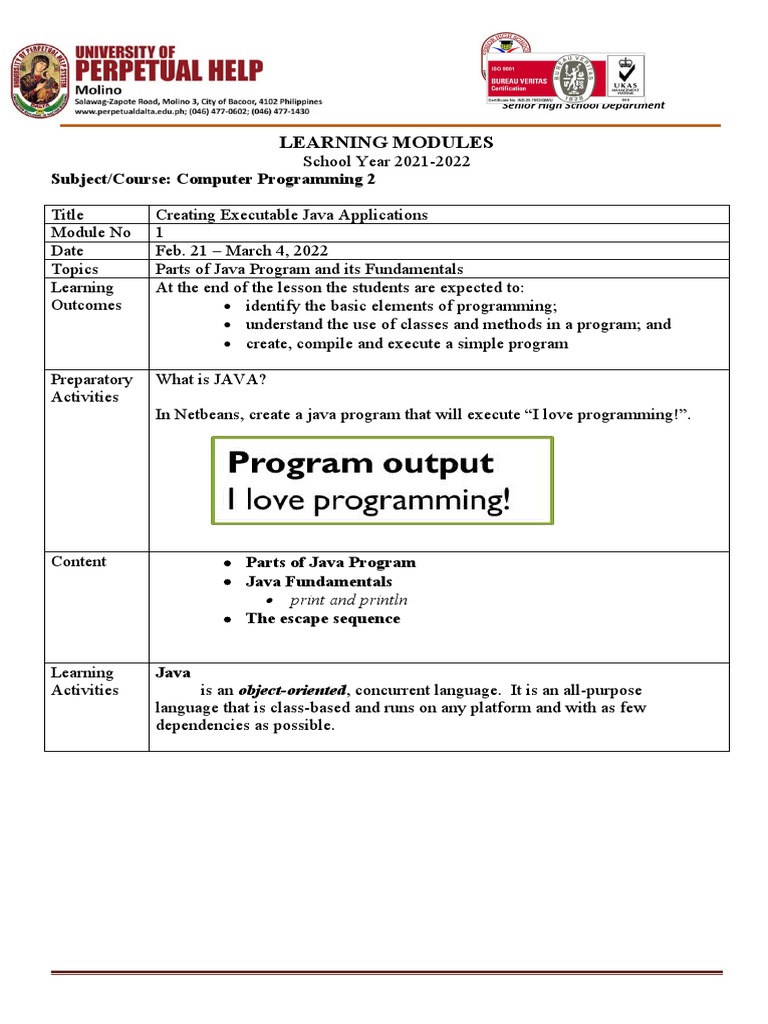 MODULE 1_COMPUTER PROGRAMMING 2 | PDF | Java (Programming Language) | Computer Programming