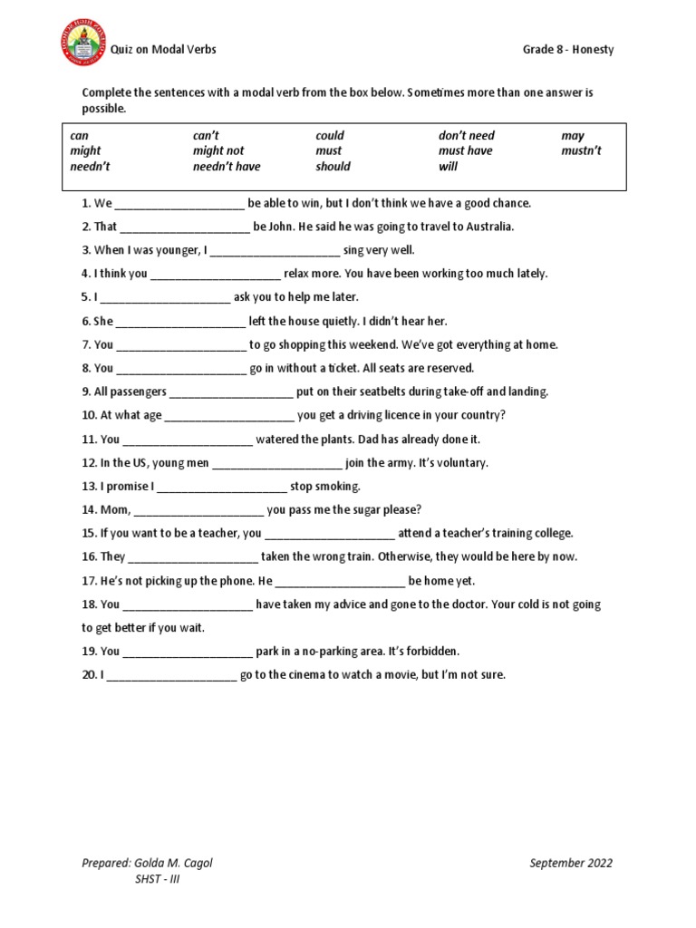 Grade 8 Modal Verbs Quiz with Answers | PDF | Self-Improvement | Wellness