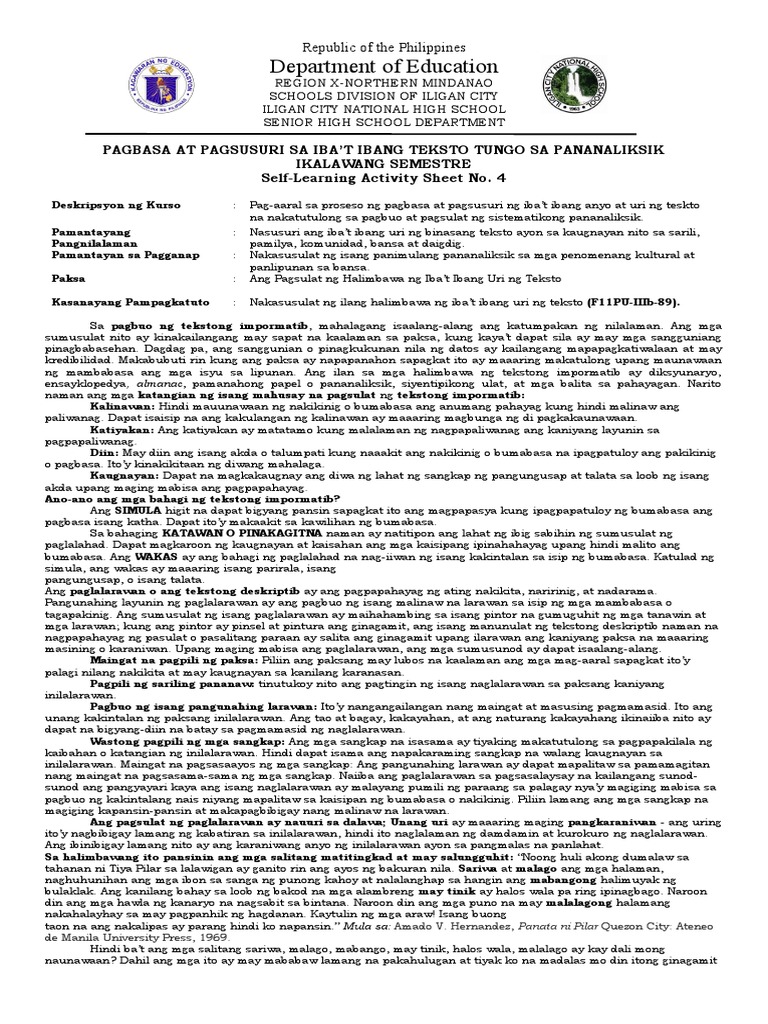Self-Learning Activity Sheet No. 4 | PDF Self-Learning Activity Sheet No. 4 | PDF