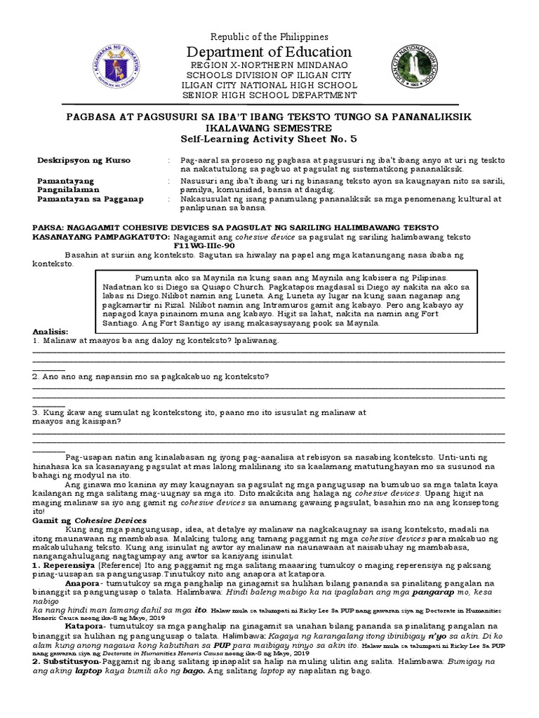 Self-Learning Activity Sheet No. 5 | PDF