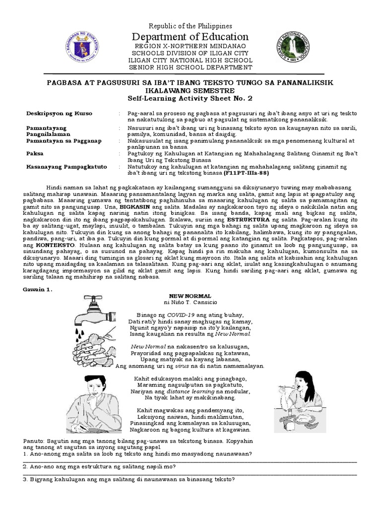 Self-Learning Activity Sheet No. 2 | PDF Self-Learning Activity Sheet No. 2 | PDF