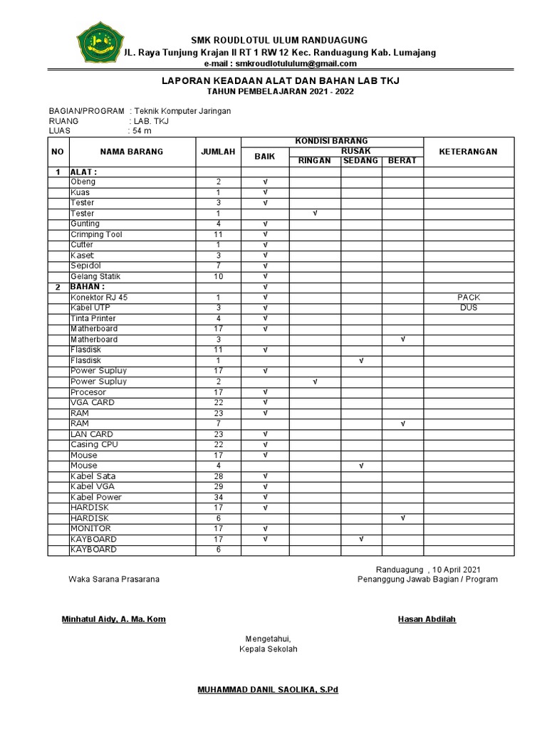 Laporan Alat Dan Bahan Sarana (Lab. Kom. TKJ) | PDF