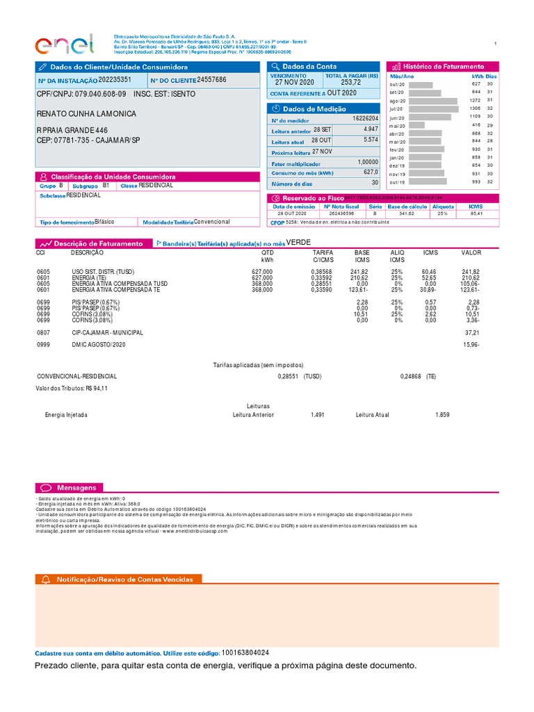 Fatura Exemplo Enel | PDF | Eletricidade | Metrologia