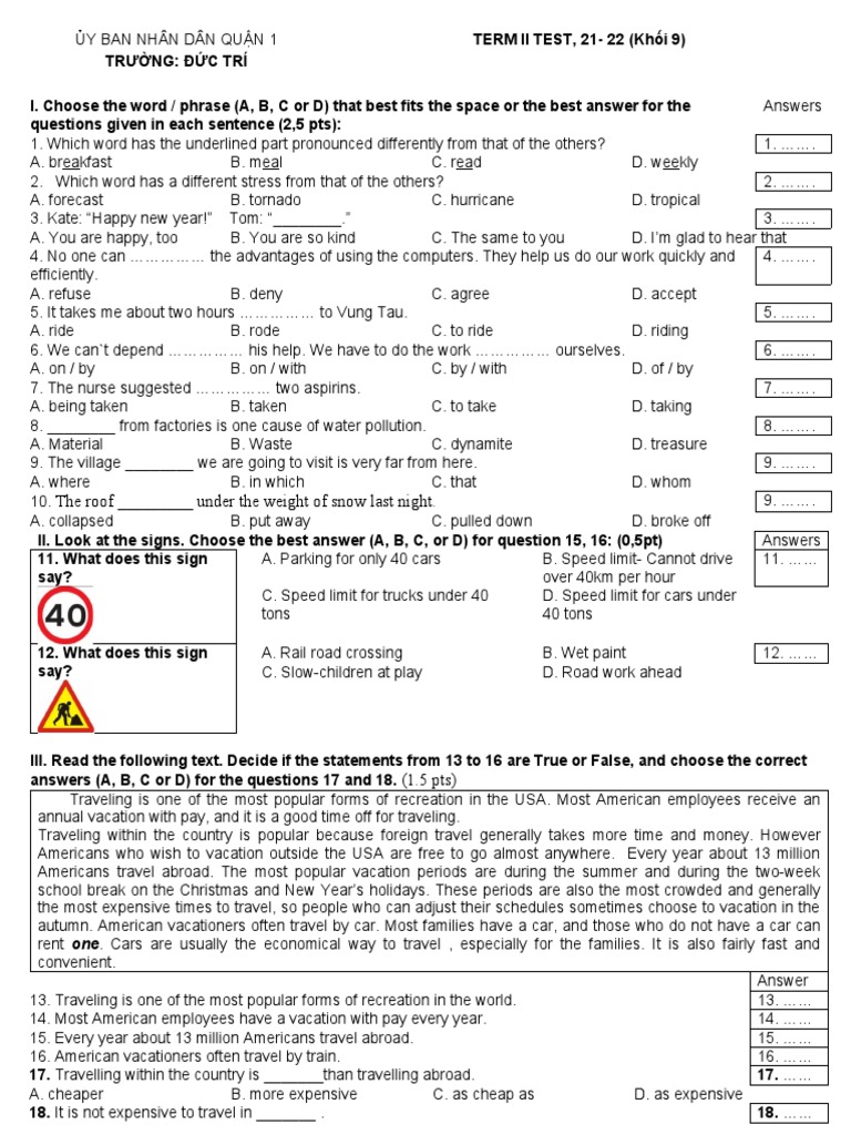Term II English Test for Grade 9 | PDF | Vacation | Human Communication