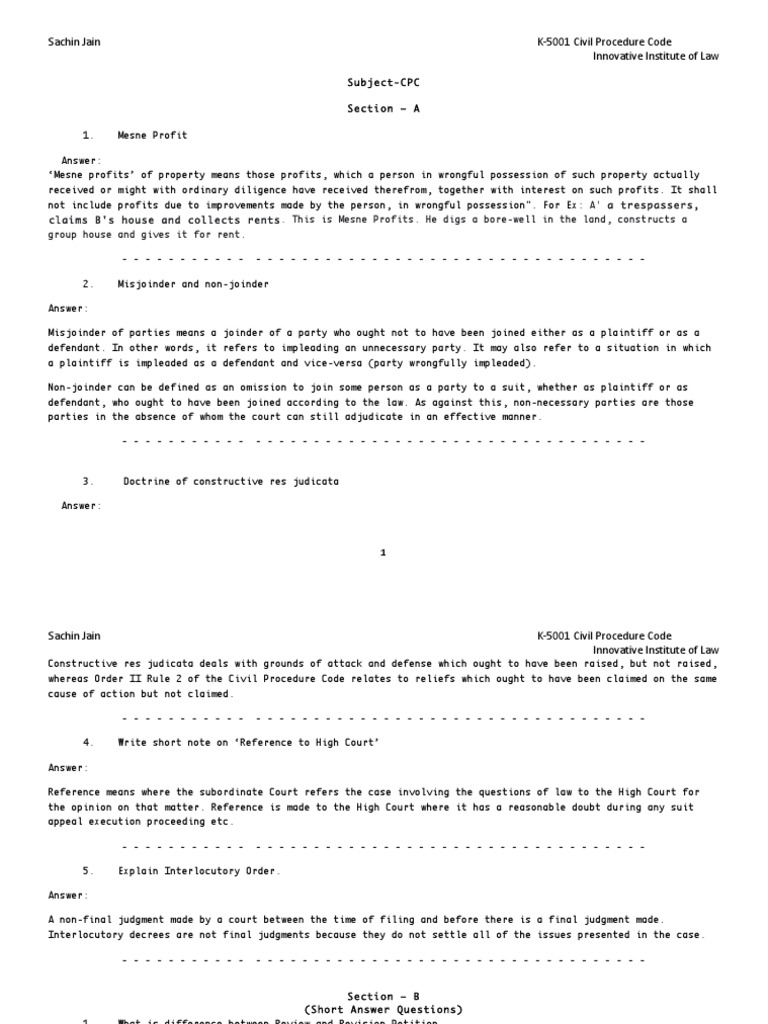 LLB 5th Sem Answesheet - CPC v1.4 | PDF | Injunction | Lawsuit