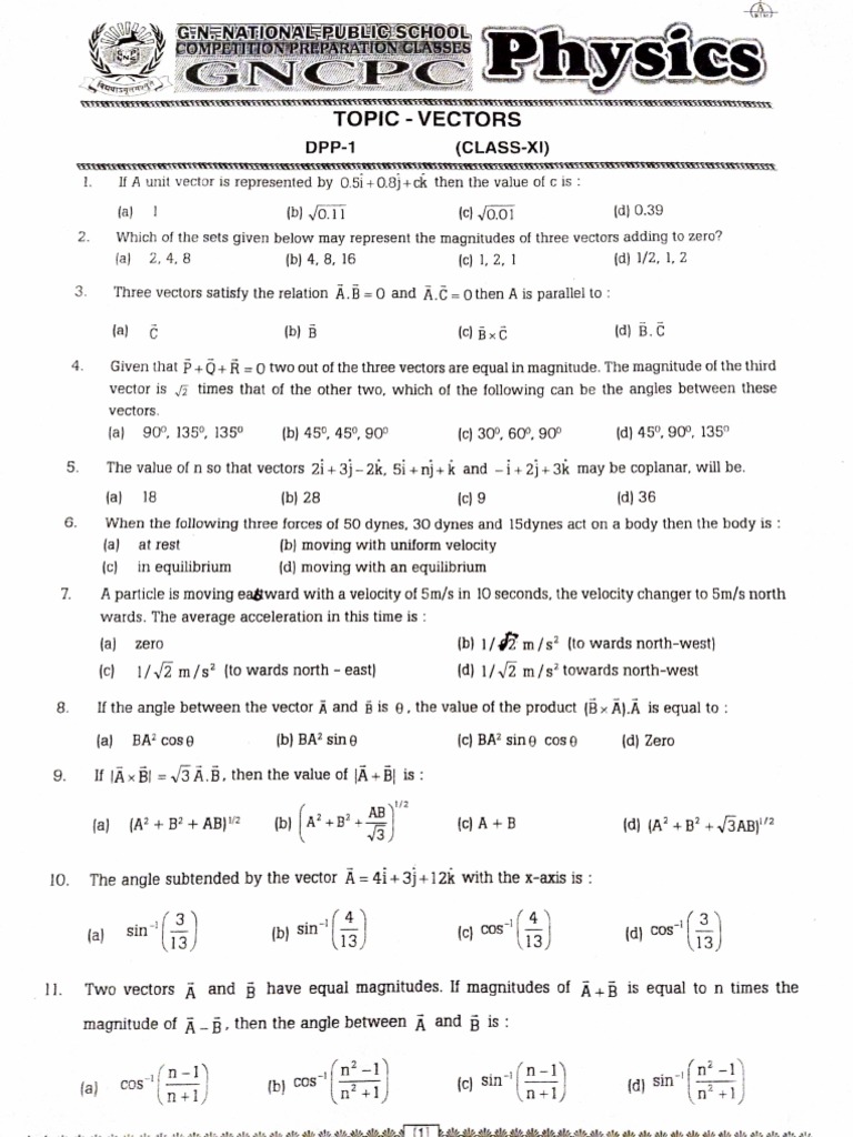 Physics Vectors Quiz for Class XI | PDF | Force | Angle
