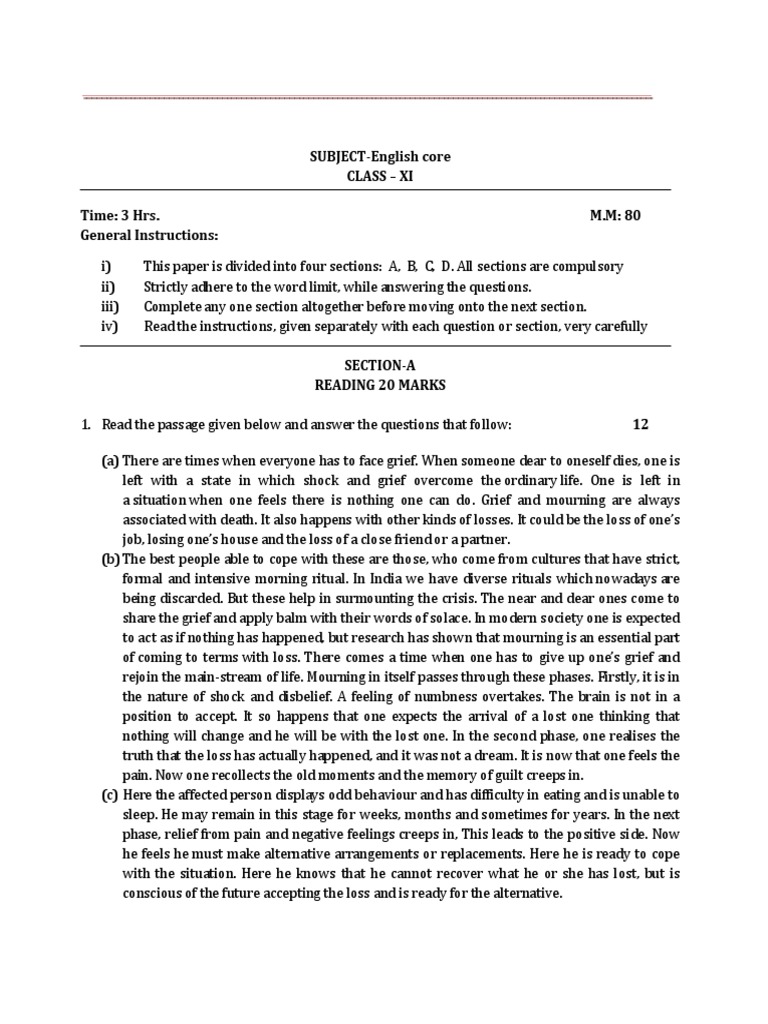 Class 11 English Core Sample Paper | PDF | Heart | Heart Valve