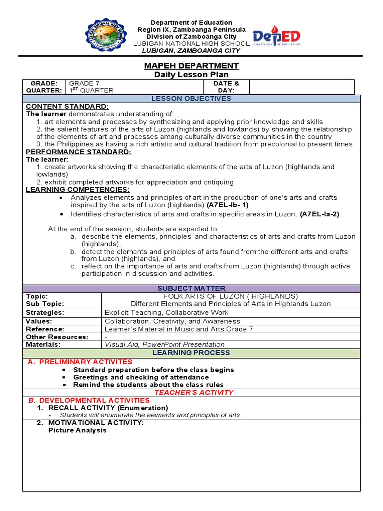 Arts Lesson Plan Q1 Melcs 1 | PDF | Learning | Lesson Plan