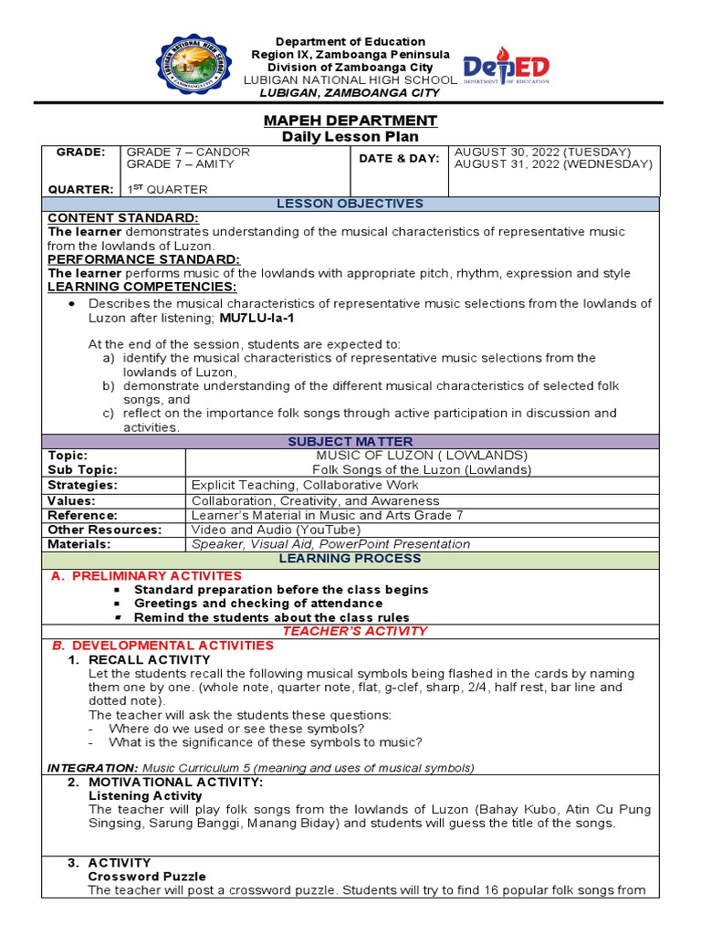 Music Lesson Plan Q1 Melcs 1 | PDF | Learning | Lesson Plan