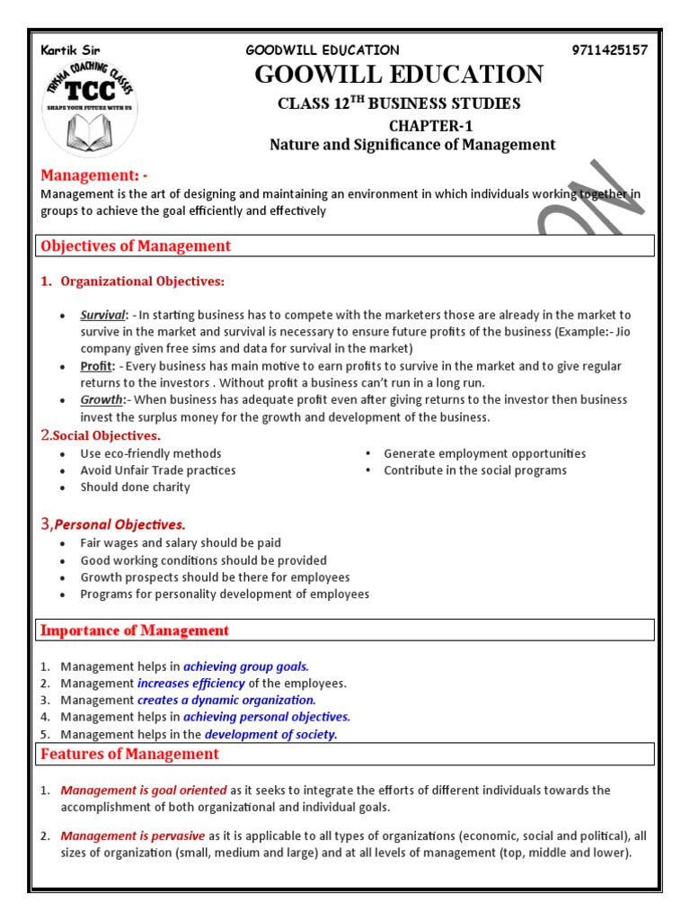 Chapter 1, Class 12th (Business Studies) | PDF | Goal | Science
