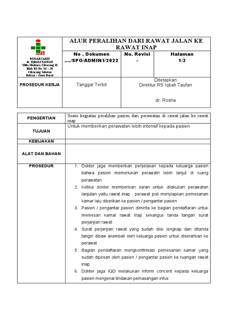 Prosedur Rawat Inap RS Iqbali Taufan | PDF