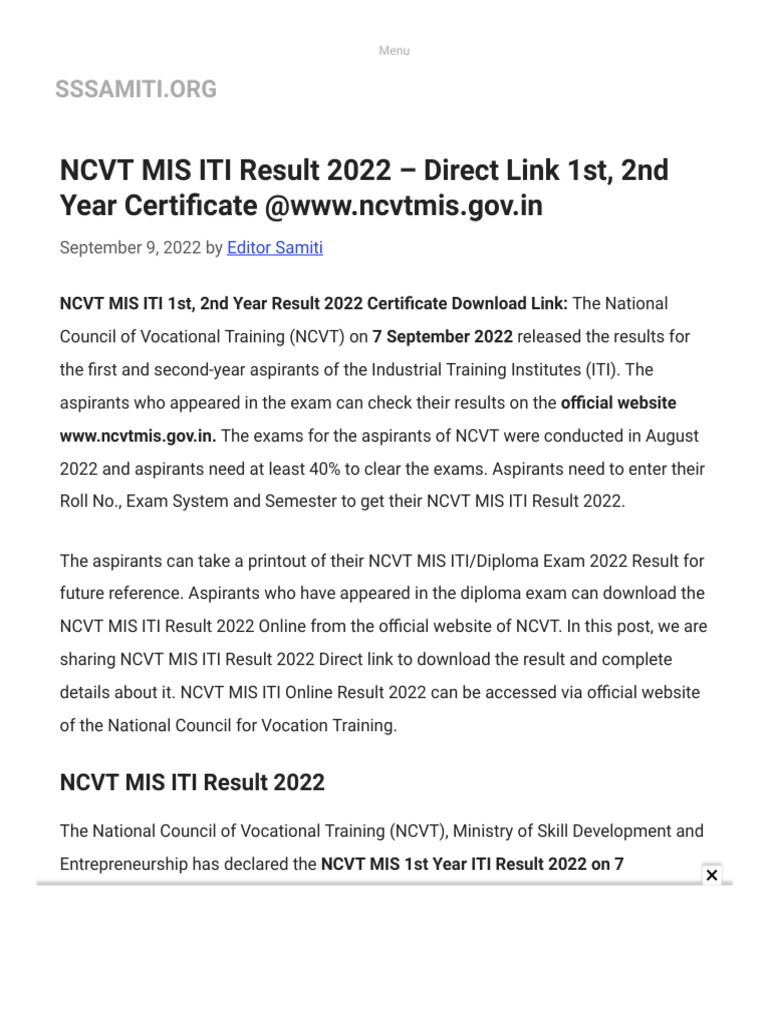 NCVT MIS ITI Result 2022 - Direct Link 1st, 2nd Year Certificate @WWW - Ncvtmis.gov - in | PDF ...