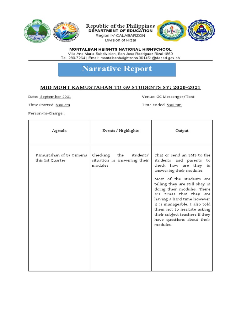 NARRATIVE-REPORT-KAMUSTAHAN | PDF | Communication