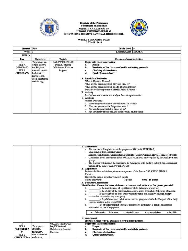 WLP Mapeh 8 22 23 | PDF | Cognition | Behavior Modification