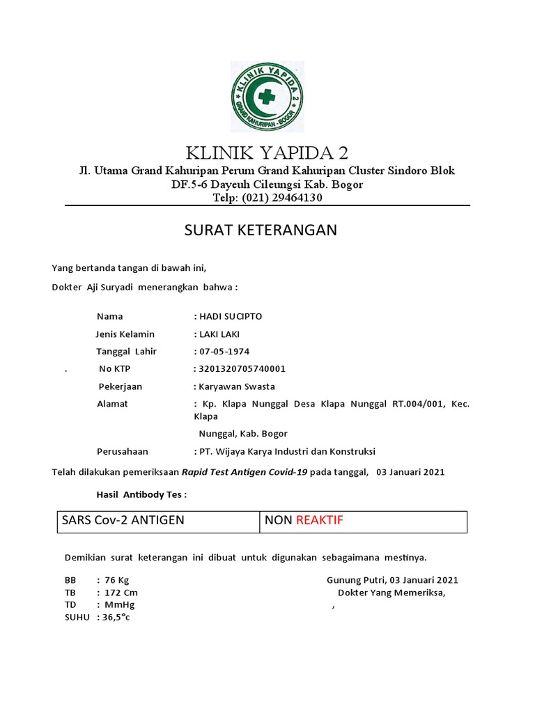 Surat Keterangan Rapid Test Klinik Yapida | PDF