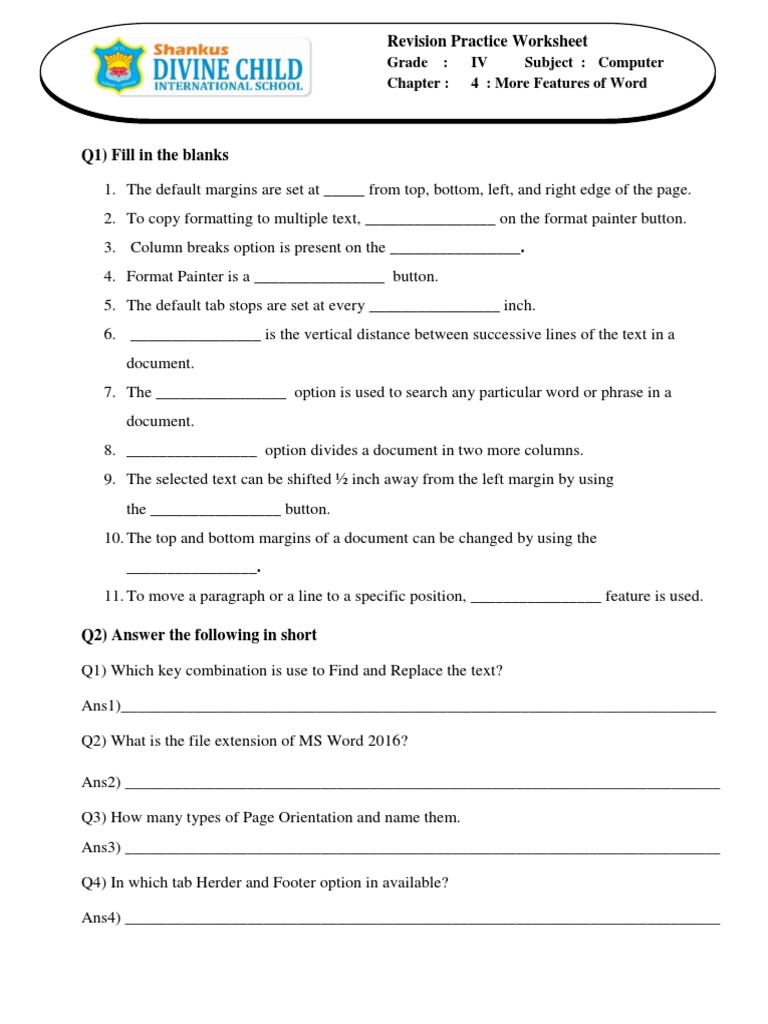 Revision Practice Worksheet: Grade: IV Subject: Computer 4: More ...