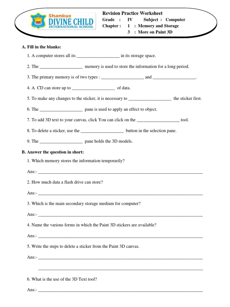 Revision Practice Worksheet Grade IV Computer Memory Storage Paint 3D | PDF | Computer Data ...