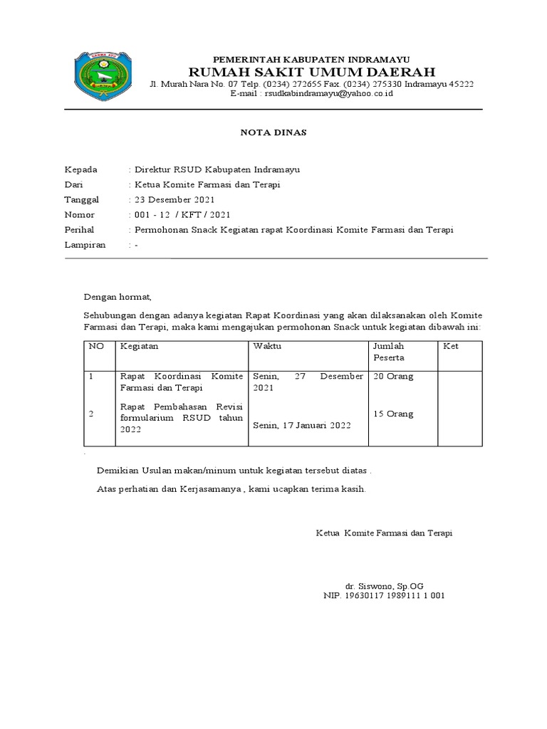 NOTA DINAS Permohonan Makan Minum KFT | PDF