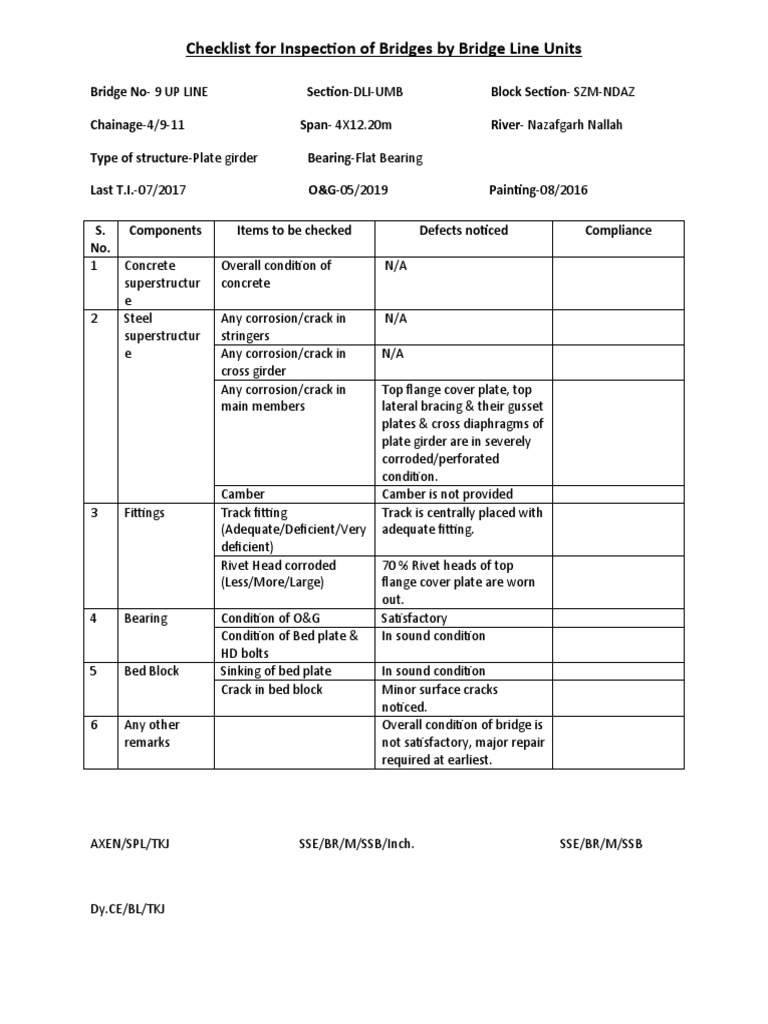Checklist For Inspection of Bridges by Bridge Line Units | PDF ...