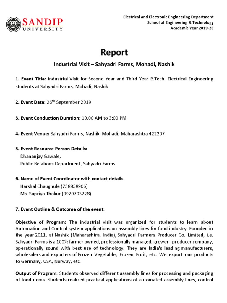 Industrial Visit Report Sahyadri Farms SE TE 260919 | PDF