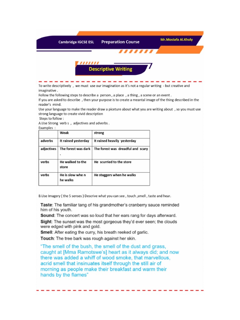Descriptive Writing For IGCSE ESL | PDF