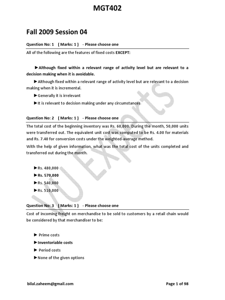 Final Term Papers MGT402 - Solved Master File | PDF | Inventory | Opportunity Cost
