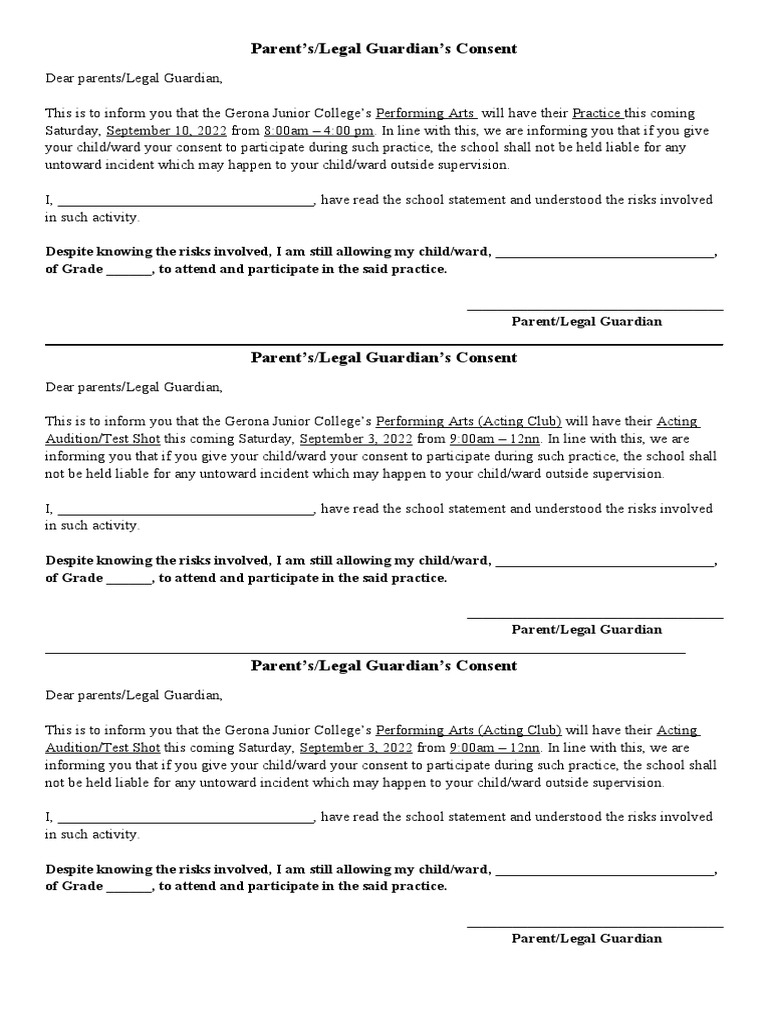 GJC Performing Arts Acting Club Parents Consent Waiver2 | PDF | Legal ...