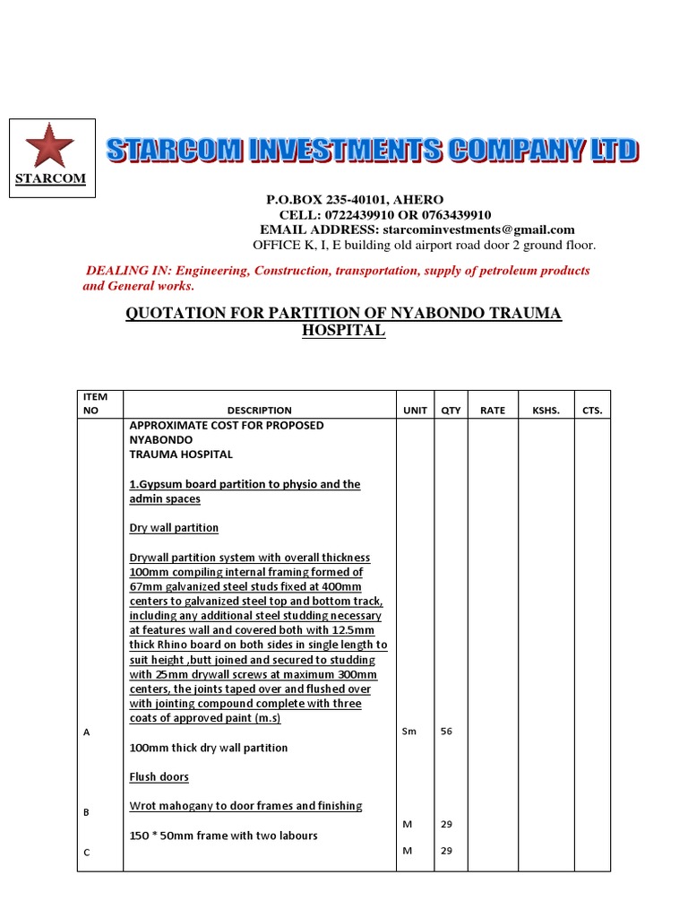 Quotation For Nyabondo Trauma Hospital BOQ | PDF | Drywall | Civil ...