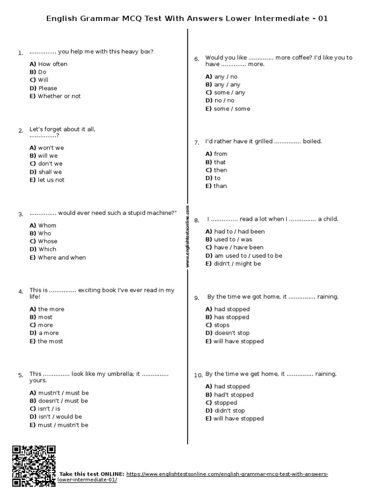 Lower Intermediate English Grammar MCQs | PDF | Multiple Choice