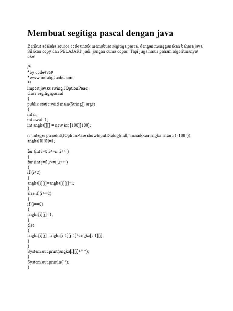Membuat Segitiga Pascal Dengan Java | PDF | Komputer