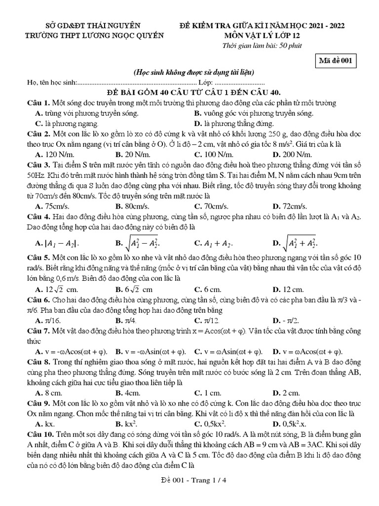 De Thi Giua Hoc Ki 1 Vat Ly 12 Nam 2021 2022 Truong THPT Luong Ngoc Quyen Thai Nguyen | PDF