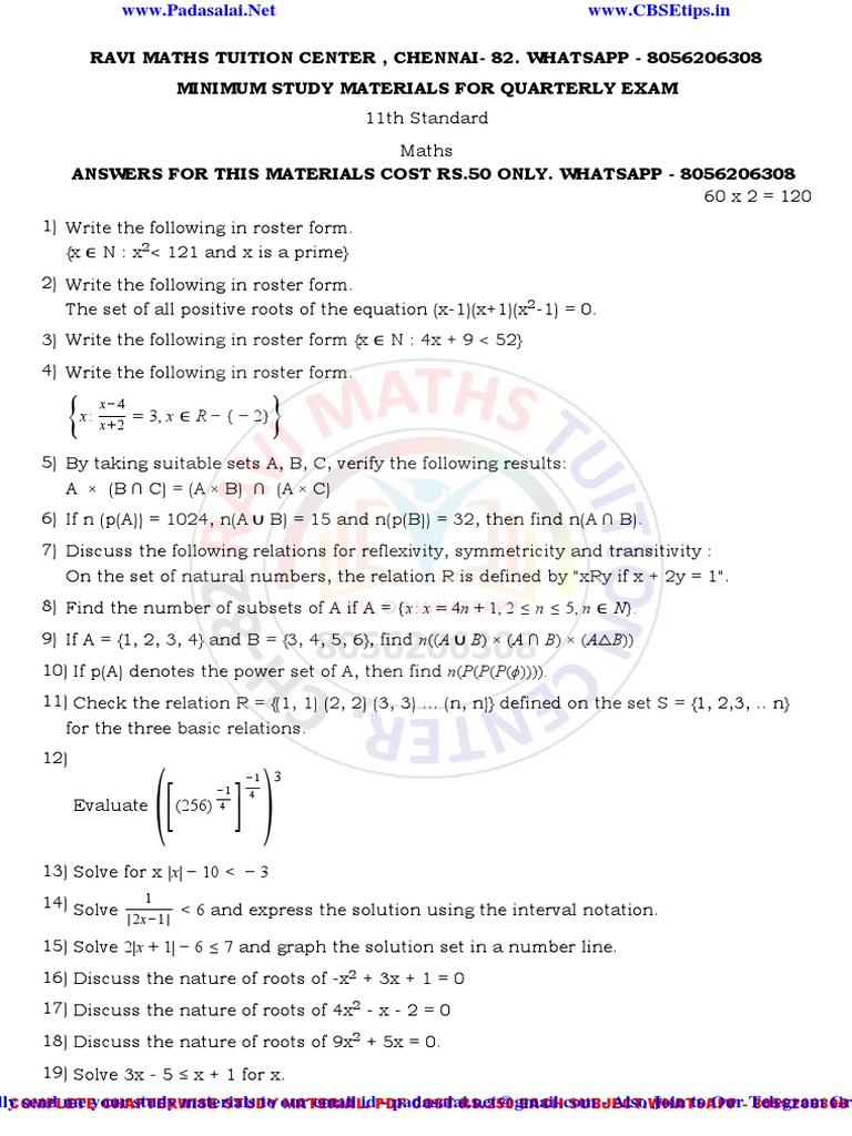 11th Maths Important Questions For Quarterly Exam English Medium PDF ...