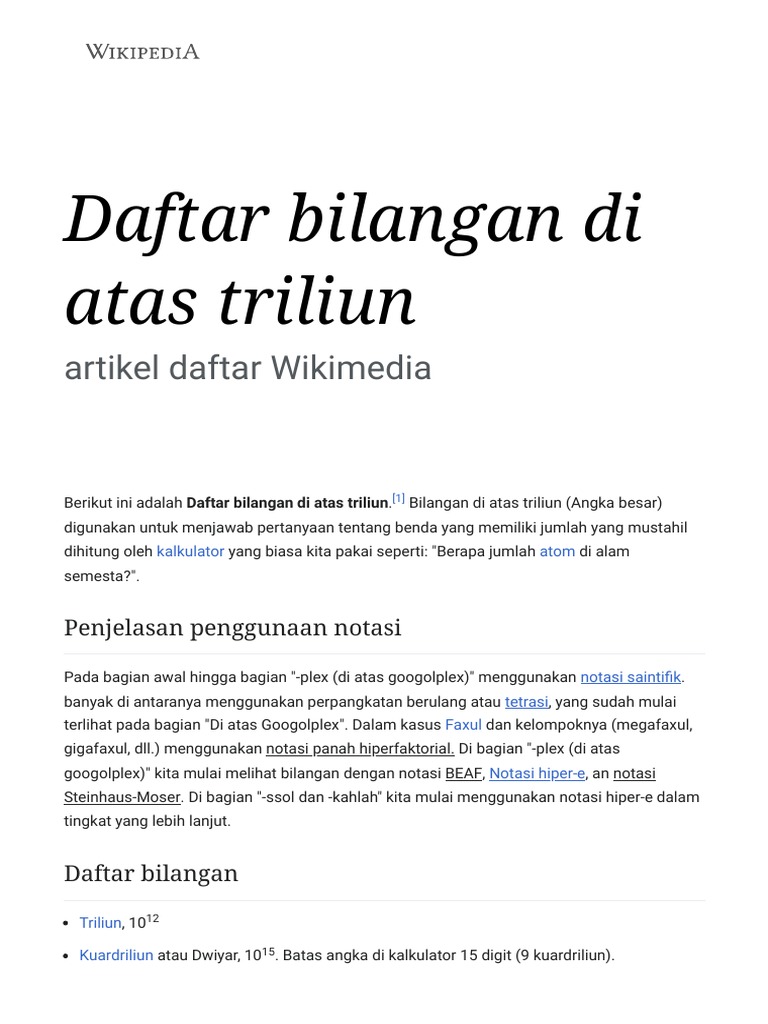 Daftar Bilangan Di Atas Triliun | PDF