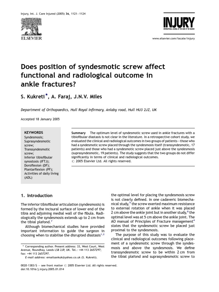 Position Syndesmotic Screw | PDF | Ankle | Musculoskeletal System