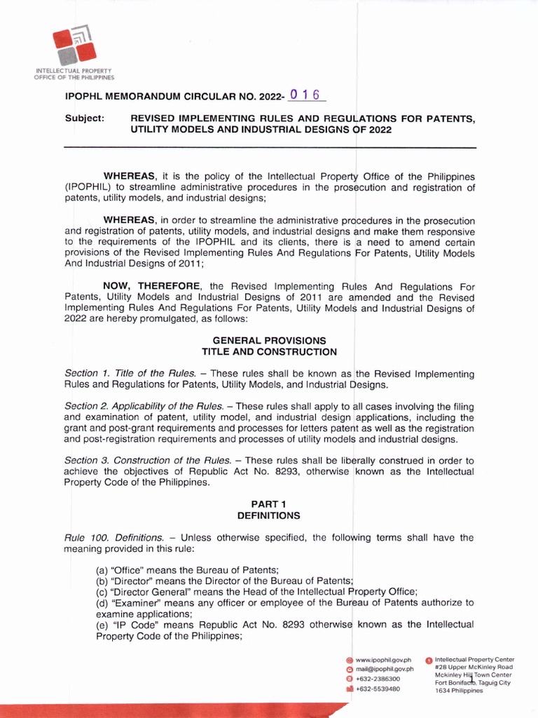 IPOPHL Memorandum Circular No. 2022-016 Revised Implementing Rules and Regulations For Patents ...