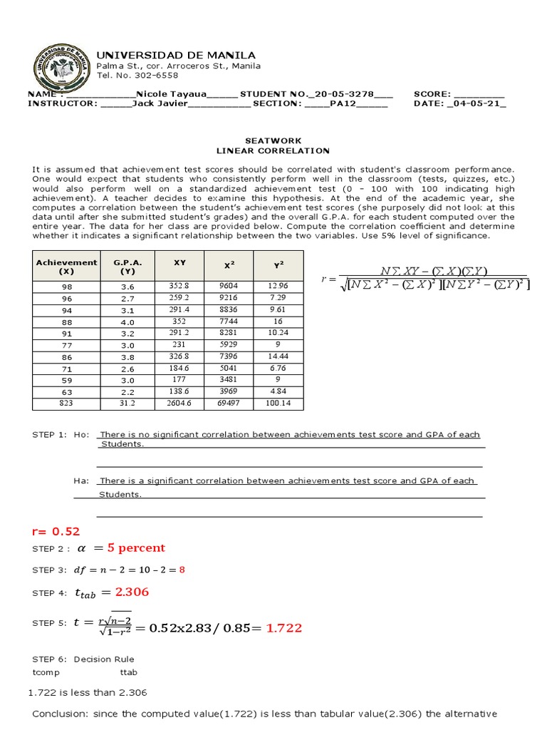 Activity 5. Linear Regression and Correlation 2 Nicole Tayaua | PDF | Data Analysis ...