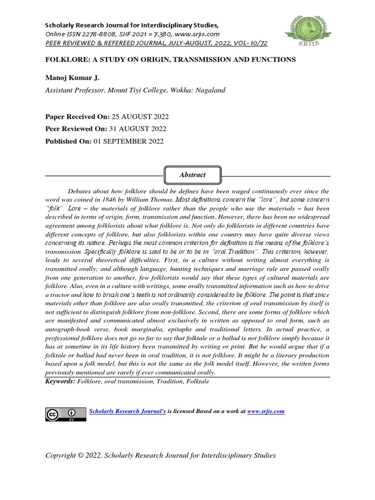Folklore: A Study On Origin, Transmission and Functions | PDF ...