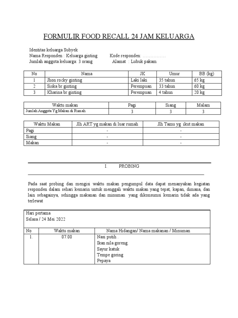 FORMULIR FOOD RECALL 24 JAM KELUARGA Trisni | PDF