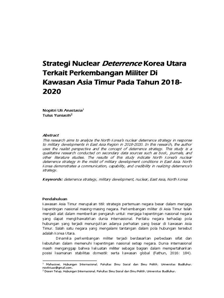 Ref-Strategi Nuclear Deterrence Korea Utara Terkait Perkembangan Militer Di Kawasan Asia Timur ...