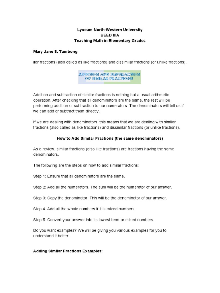 Adding and Subtracting Similar Fractions | PDF | Mathematical Objects ...