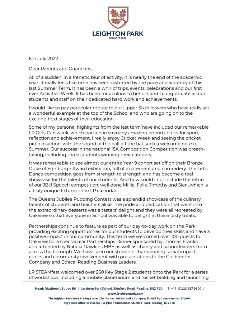 Head's End of Term Letter Final | PDF